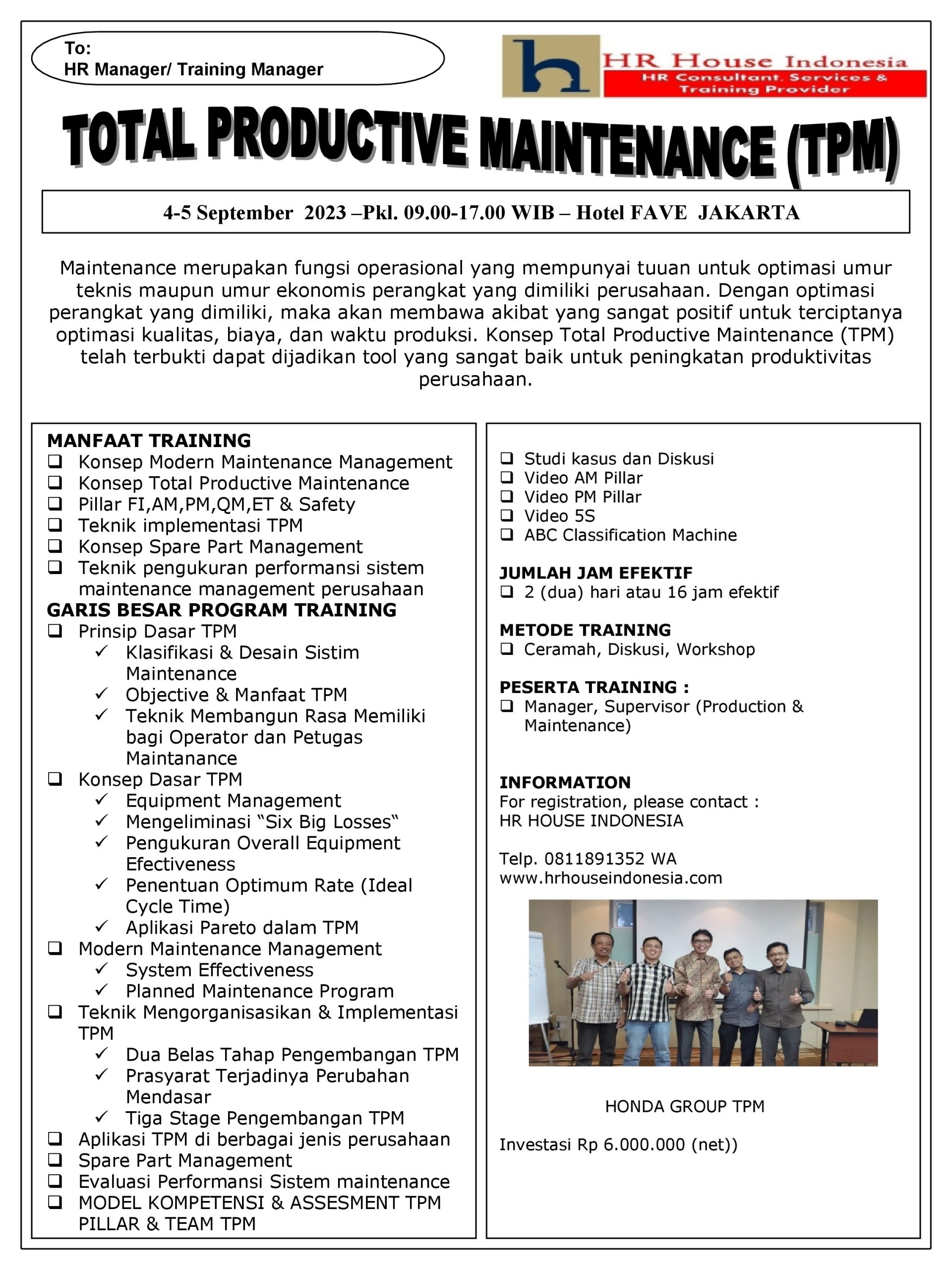 Training & Workshop Total Productive Maintenance (TPM), Hotel Fave 4 – 5 SEPTEMBER 2023. (New ...