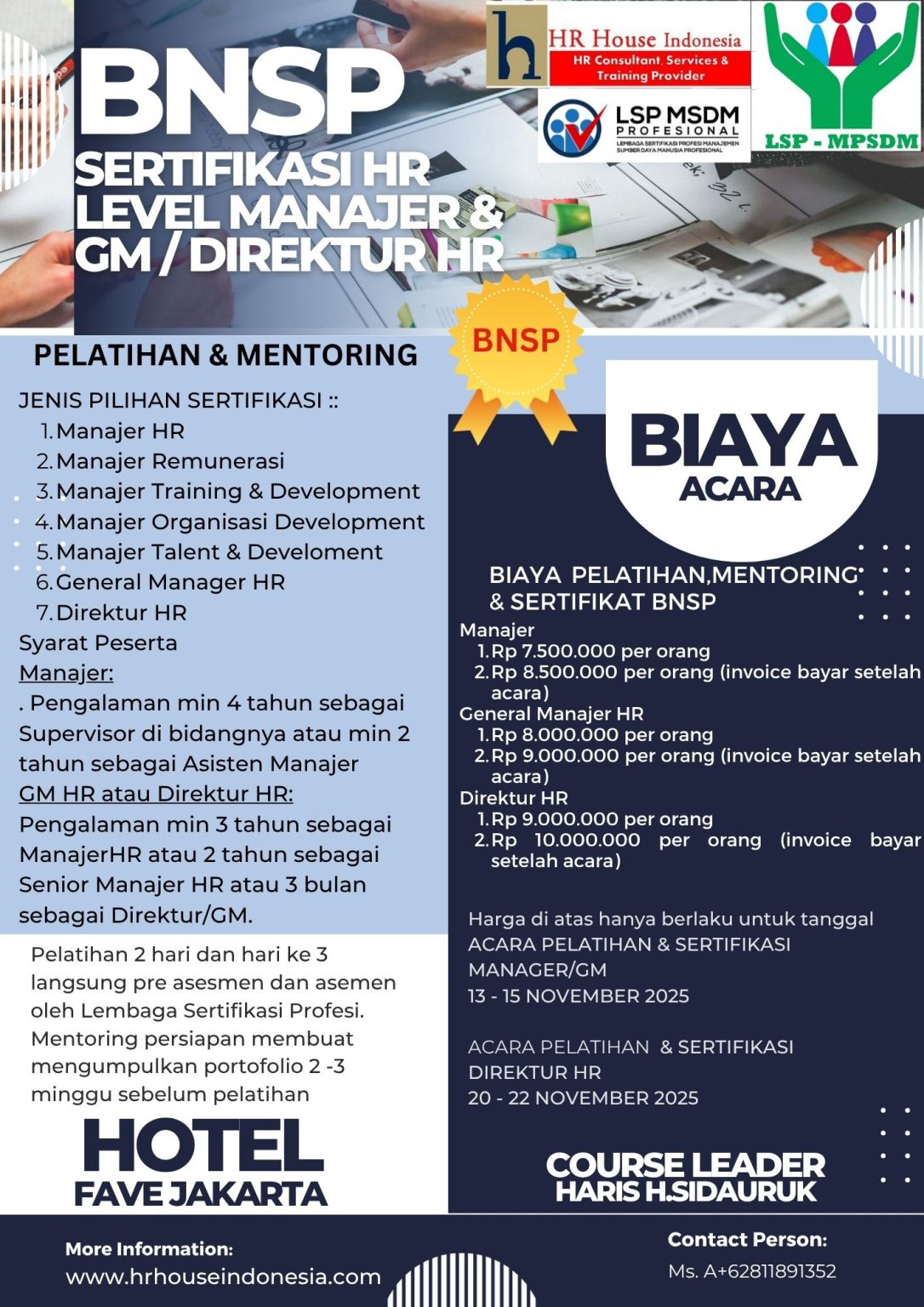 SERTIFIKASI HR – BNSP LEVEL MANAGER & GENERAL MANAGER / DIREKTUR HR ...